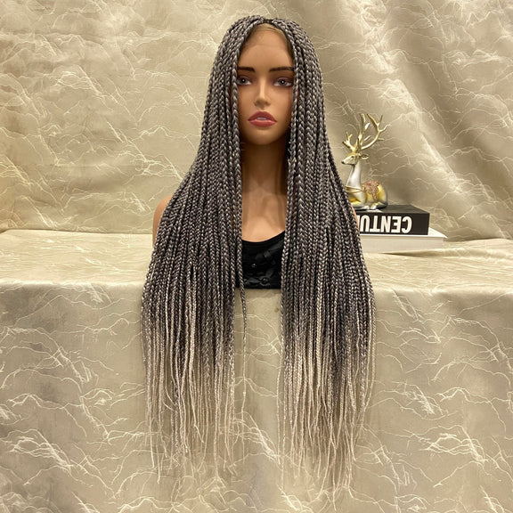 36" Salt & Pepper Ombre Grey Box Braided Wigs for Women Knotless Box ...